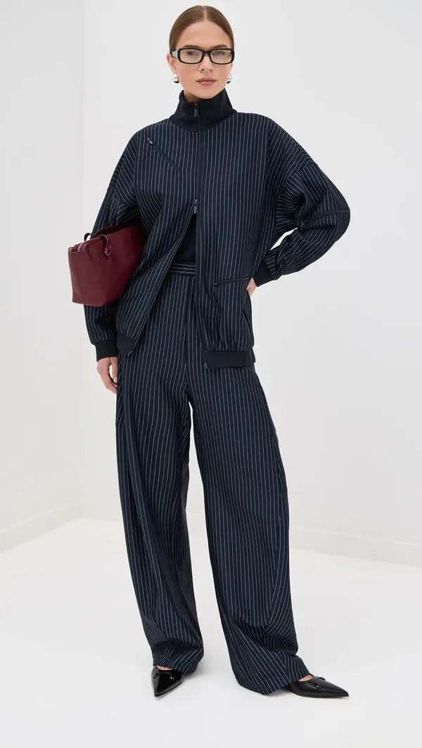 Tibi Pinstripe Active Knit Zip-Up Track Jacket - Navy Multi
